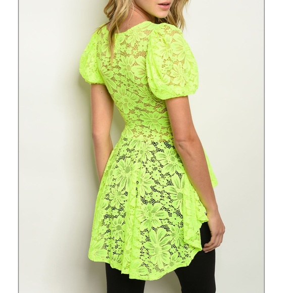 Trendy boutique | Tops | Neon Lime Puff Sleeve All Over Lace Hilow Top ...